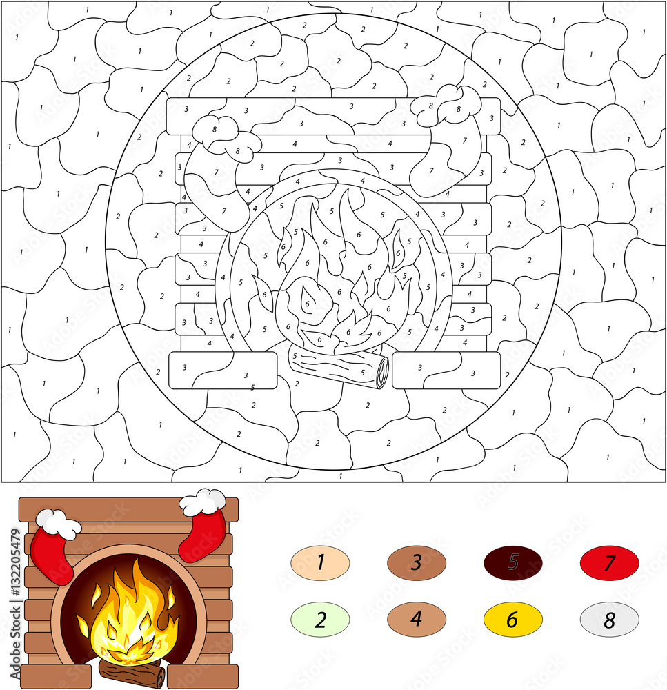 Christmas fireplace. Color by number educational game for kids Stock ...