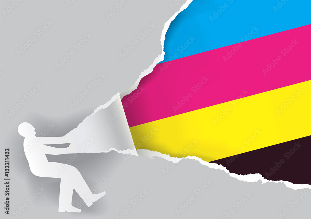 Paper man silhouette ripping paper with print colors. Concept for ...