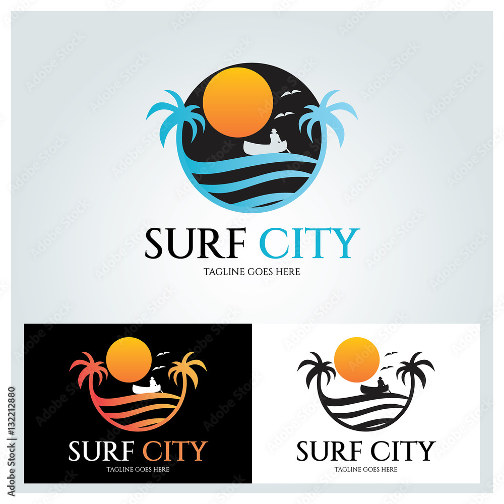 Surf city logo design template ,Beach logo design concept ,Vector ...