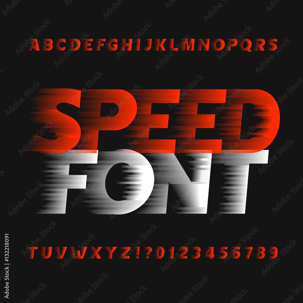 Speed alphabet font. Wind effect type letters and numbers on a dark ...