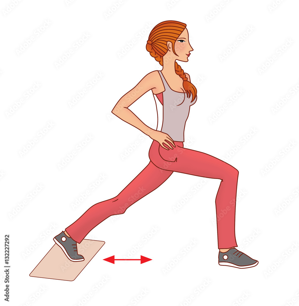 Exercise slipping back with a towel, Girl with pigtail performs ...