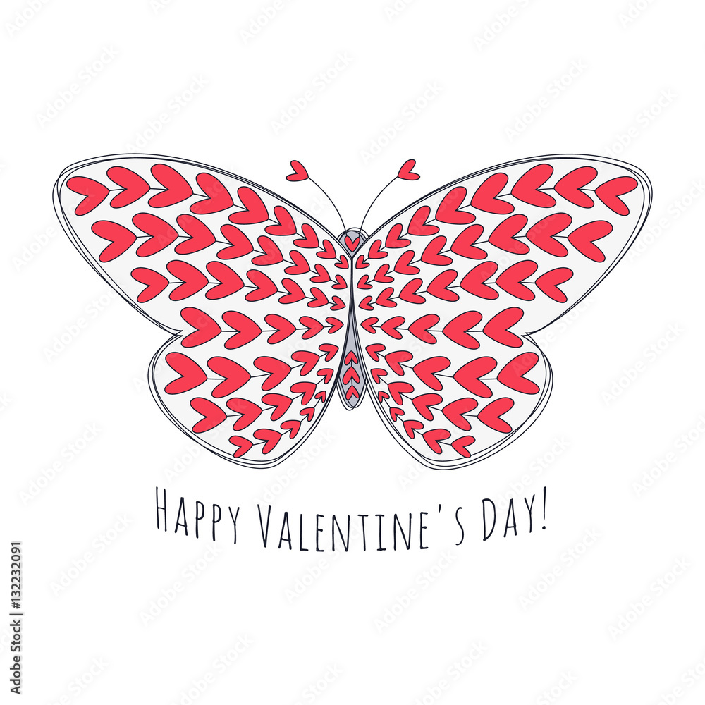 Valentines day card with hand drawn butterfly Stock Vector | Adobe Stock