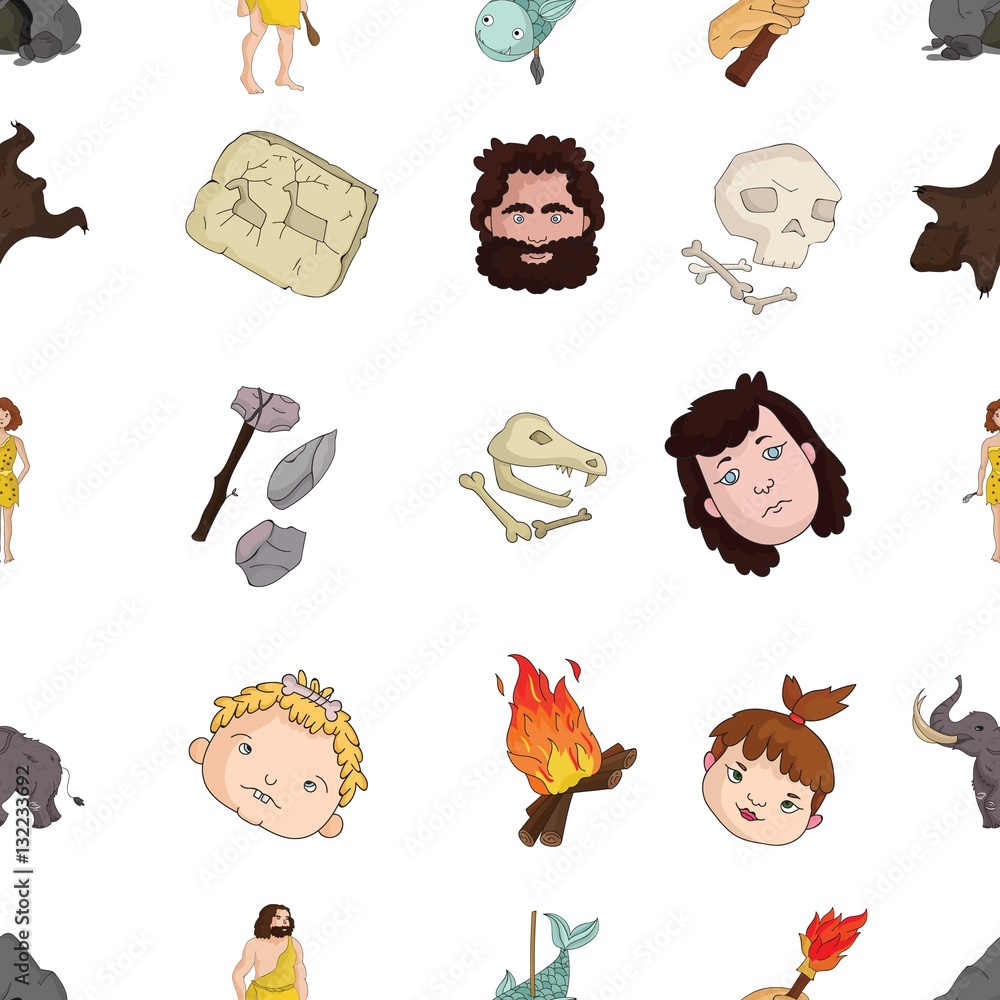 Stone age pattern icons in cartoon style. Big collection of stone age ...