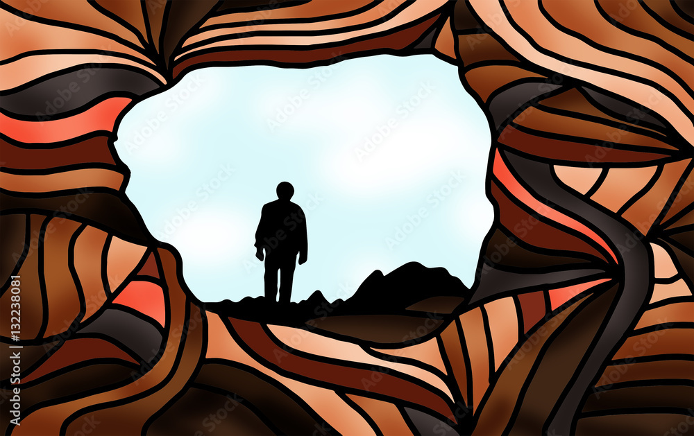 Man standing on the entrance of cave digital art stained glass mosaic ...
