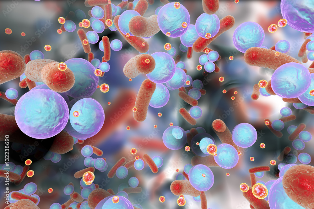 Biofilm of antibiotic resistant bacteria. Small red spheres are quorum ...