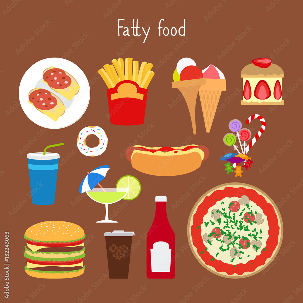 Fatty food vector illustration on the brown background Stock Vector ...