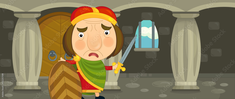 Cartoon king standing in castle chamber with sword and shield - for ...