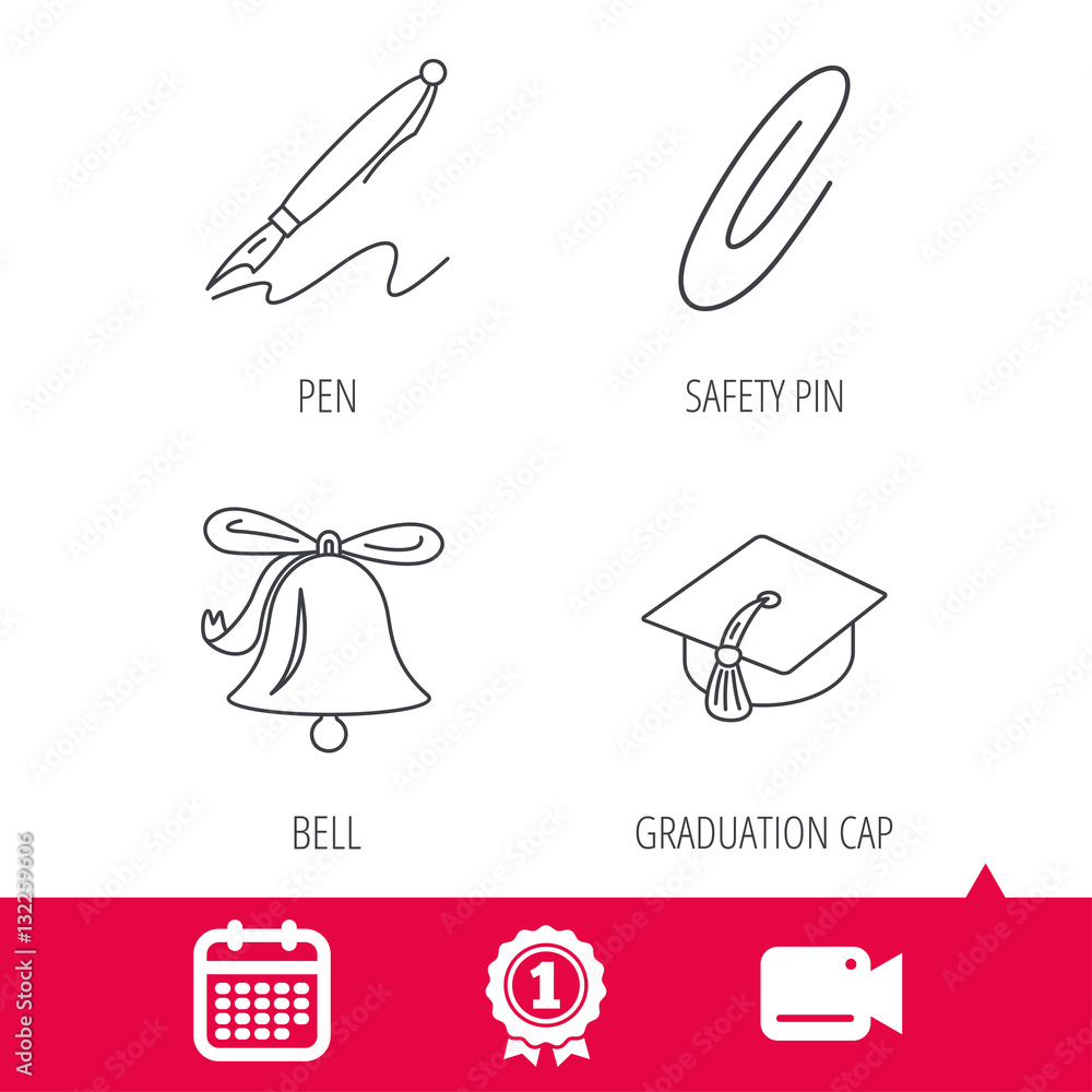Achievement and video cam signs. Graduation cap, pen and bell icons ...