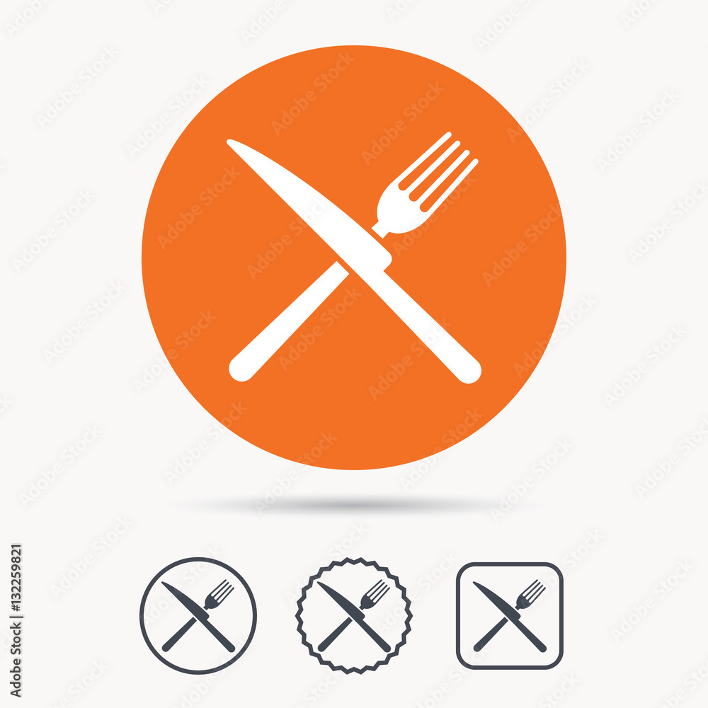 Fork and knife icons. Cutlery symbol. Orange circle button with web ...