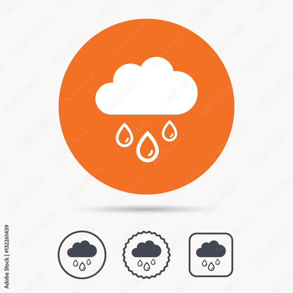 Cloud with rain drops icon. Rainy day symbol. Orange circle button with ...