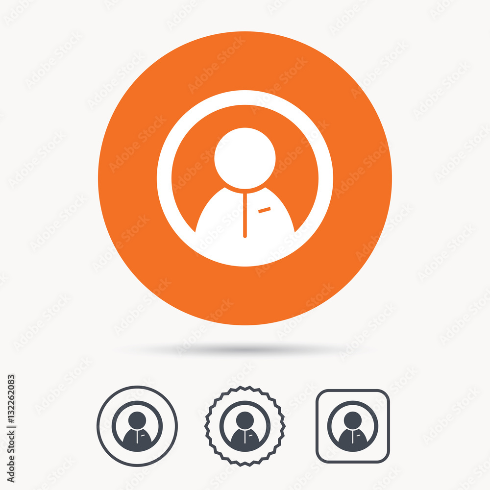 User icon. Human person symbol. Orange circle button with web icon ...