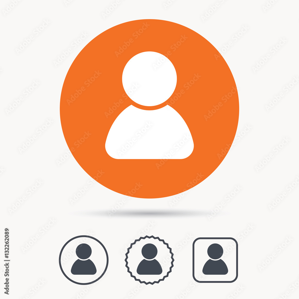 User icon. Human person symbol. Avatar login sign. Orange circle button ...
