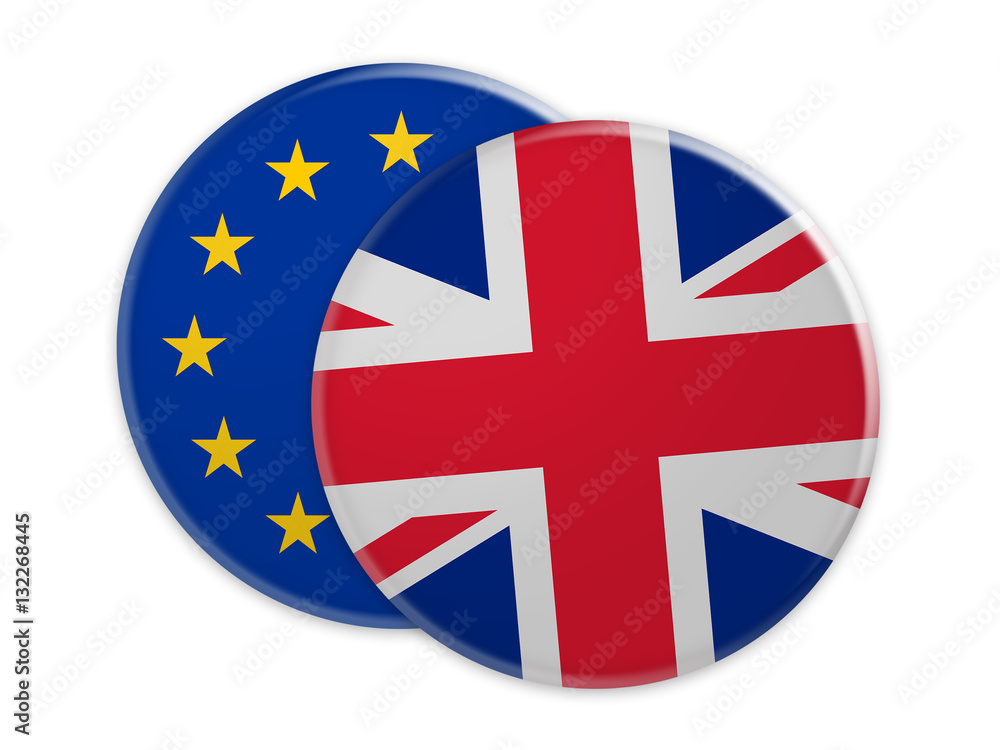 Politics Concept: UK Flag Button On EU Flag Button, 3d illustration on ...