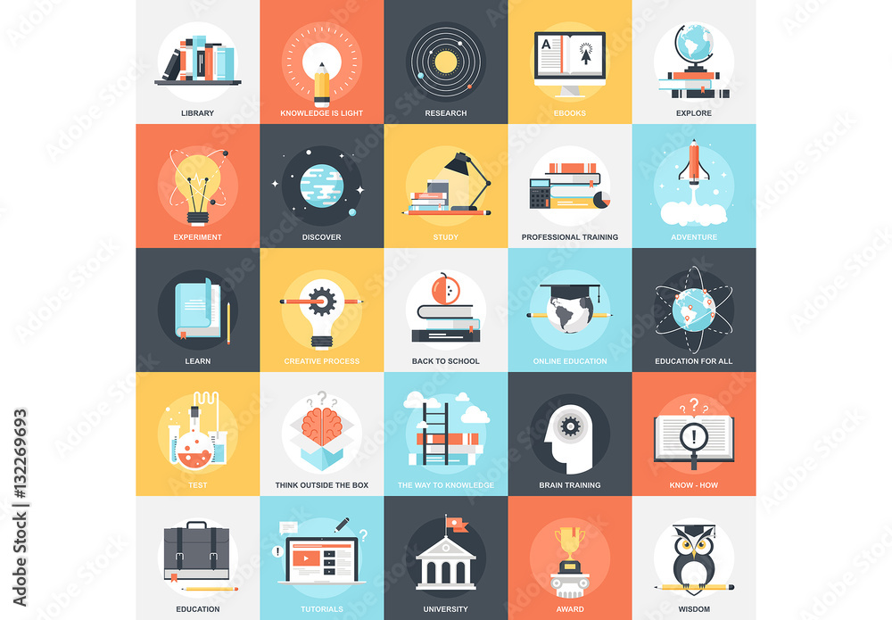 25 Flat Square Education and Learning Icons Stock Template | Adobe Stock