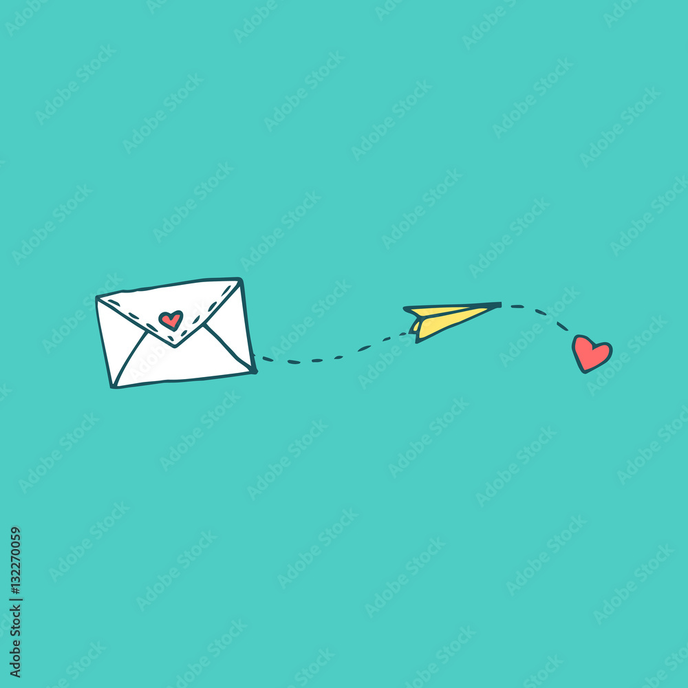Valentines day greeting card with love letter, heart and paper airplane ...