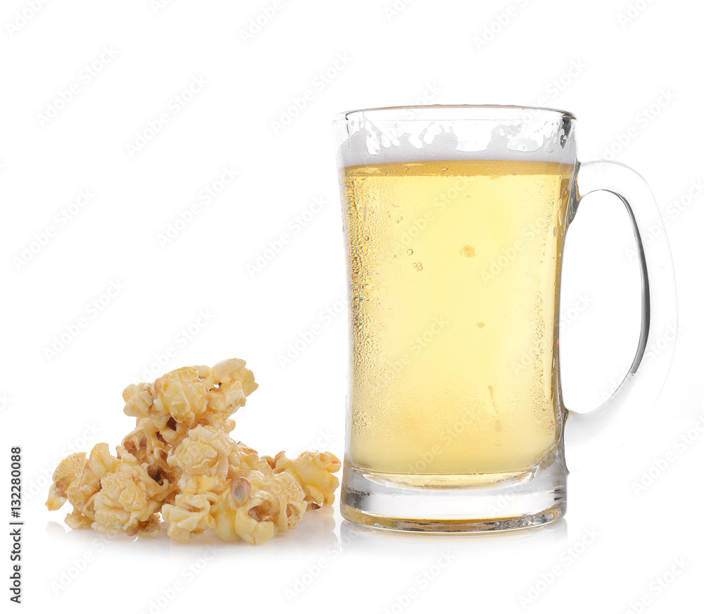 Popcorn with beer isolated on white. Stock Photo | Adobe Stock