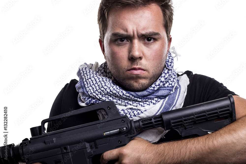 Soldier representing private military company mercenary industry of gun ...