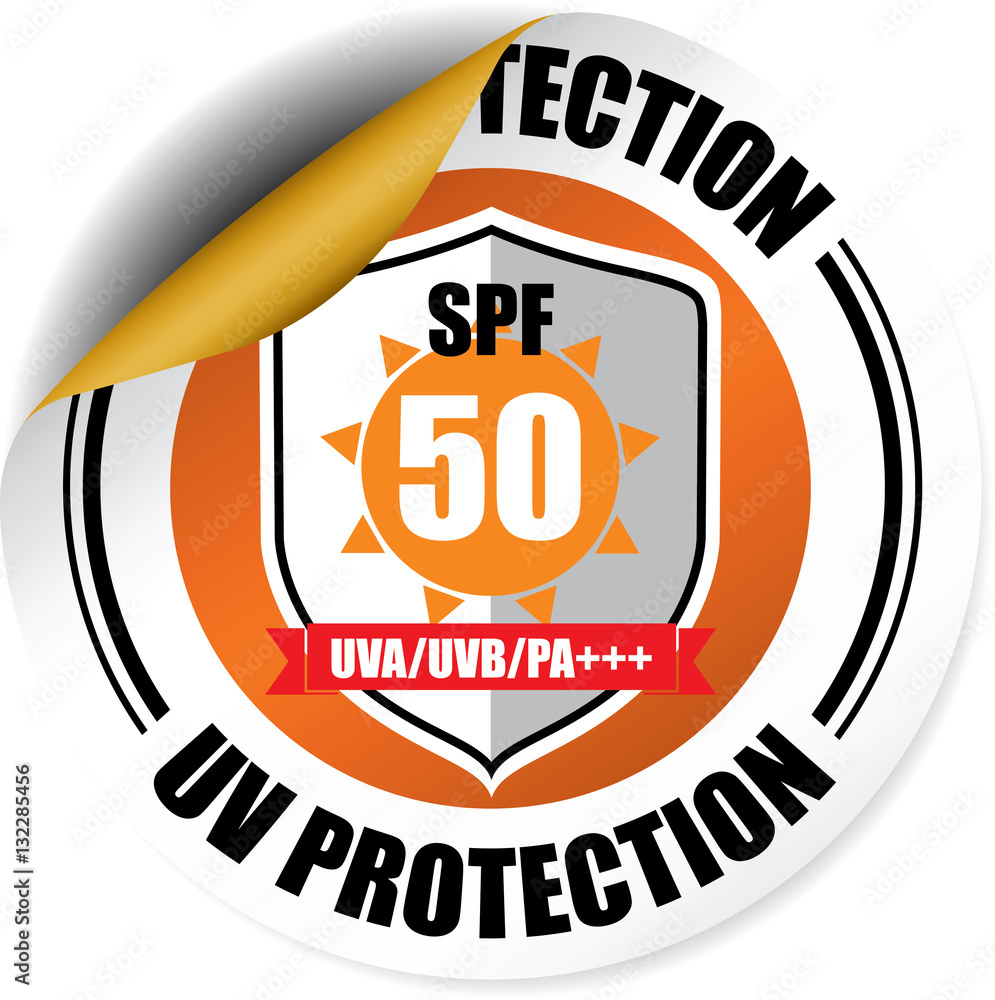 UV / PA++ Sun Protection with SPF 50 orange sticker, button, label and ...