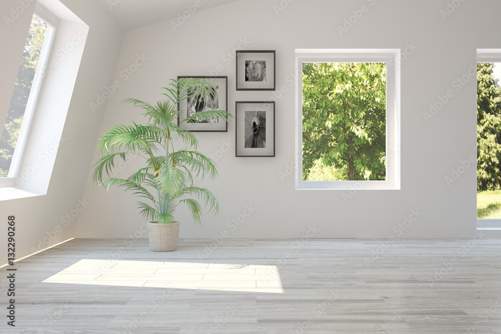 White empty room with green landscape in window. Scandinavian interior ...