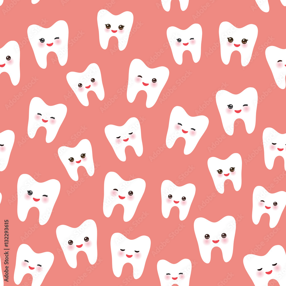 seamless pattern with cartoon white teeth with funny faces in pink ...