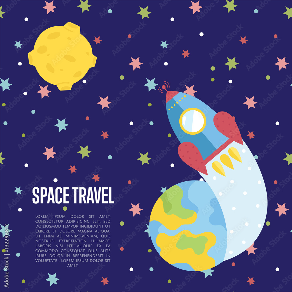 Space travel cartoon web template. Spaceship flying from Earth to ...