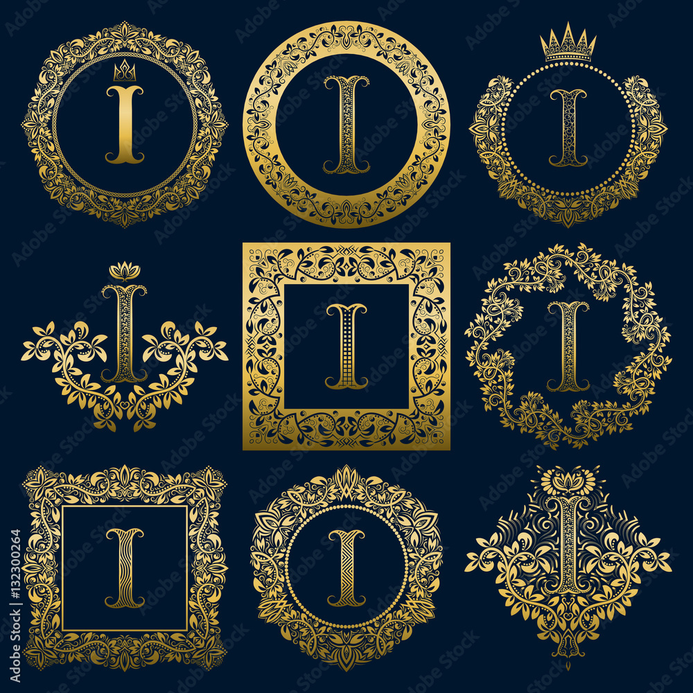 Vintage monograms set of I letter. Golden heraldic logos in wreaths ...