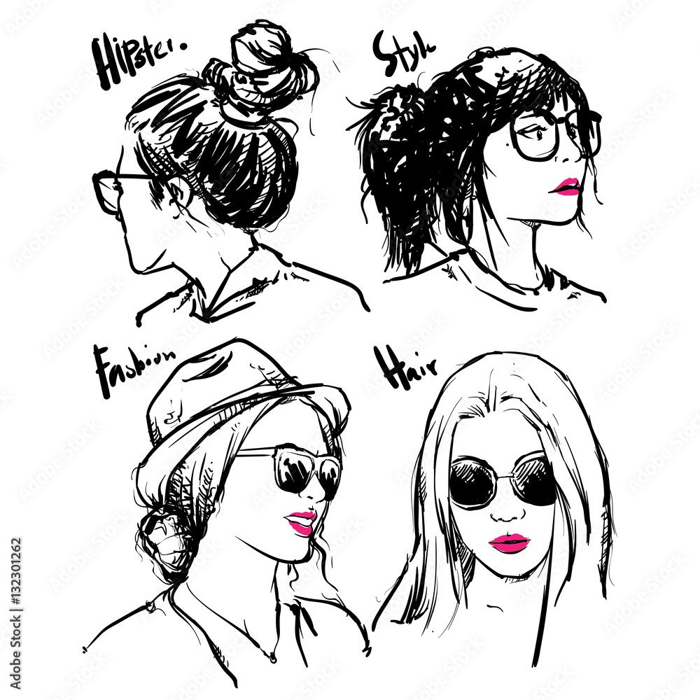 Hand drawn vector fashion girls hipster outline, clip art Stock Vector ...