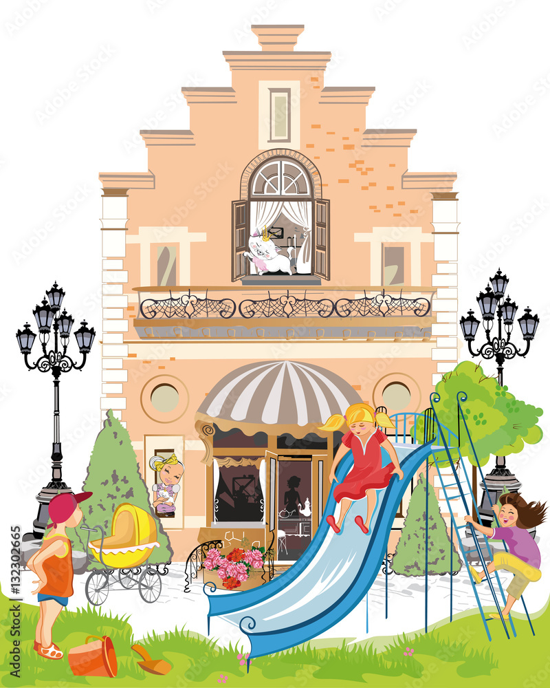 Cartoon houses with children and a playground. Kids background. Stock ...