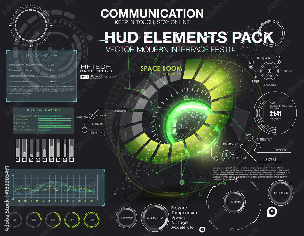 Fantastic abstract background with different elements of the HUD. Big set of various HUD ...