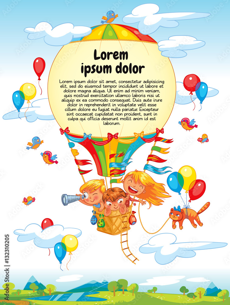 Cartoon kids riding hot air balloon Stock Vector | Adobe Stock