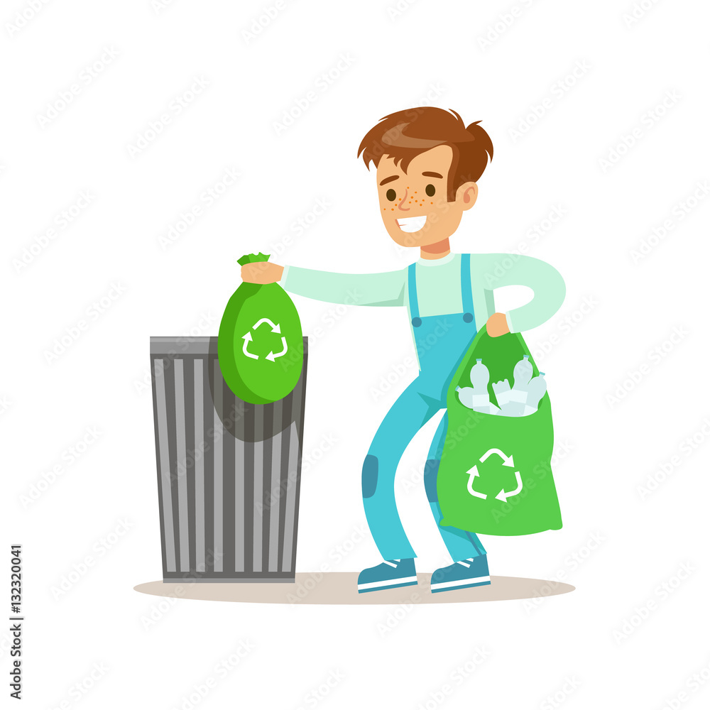 Boy Throwng Away Bin Bags Filled With Plastic Bottles Smiling Cartoon ...