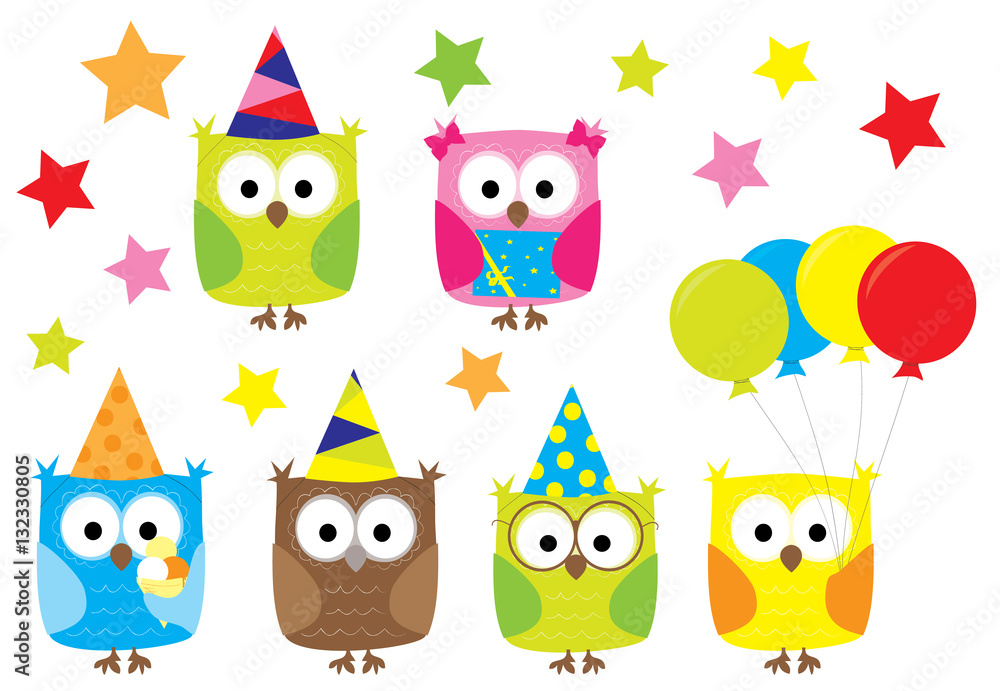 Cartoon Little owls with balloons at birthday party Stock Vector ...