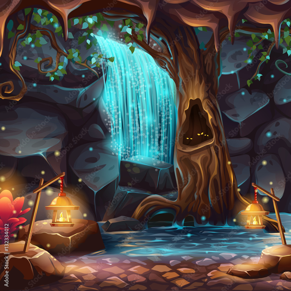 Vector cartoon illustration of a magical waterfall Stock Vector | Adobe ...