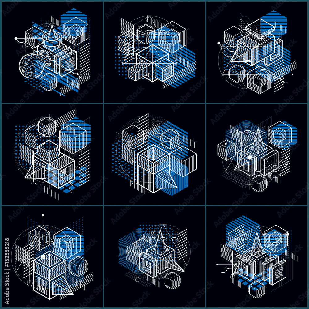 Abstract designs with 3d linear mesh shapes and figures, vector Stock ...