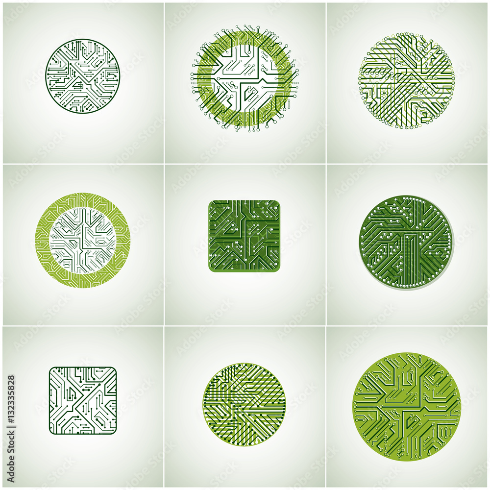 Collection of vector microchip designs, cpu. Information communi Stock ...