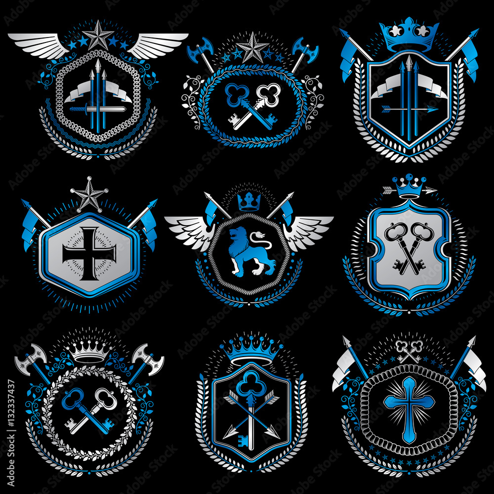 Set of old style heraldry vector emblems, vintage illustrations Stock ...