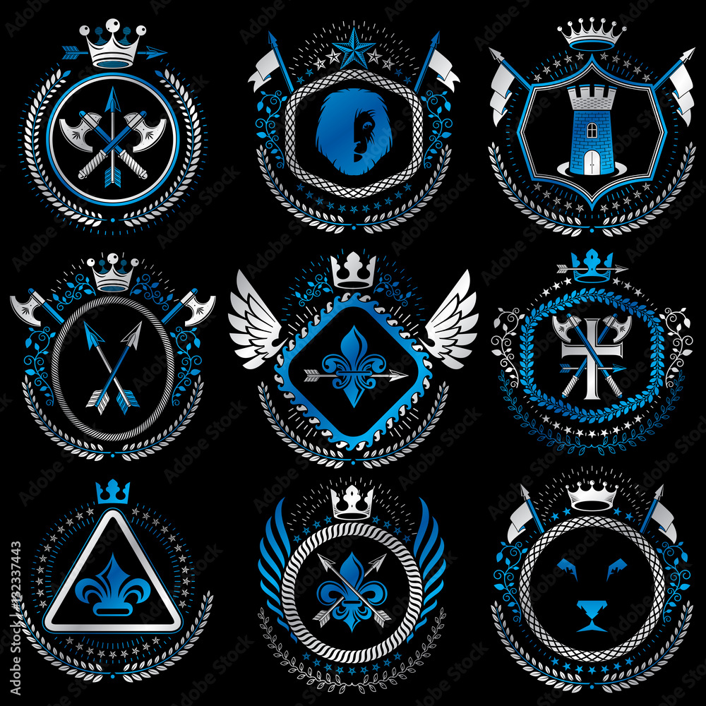 Set of old style heraldry vector emblems, vintage illustrations Stock ...