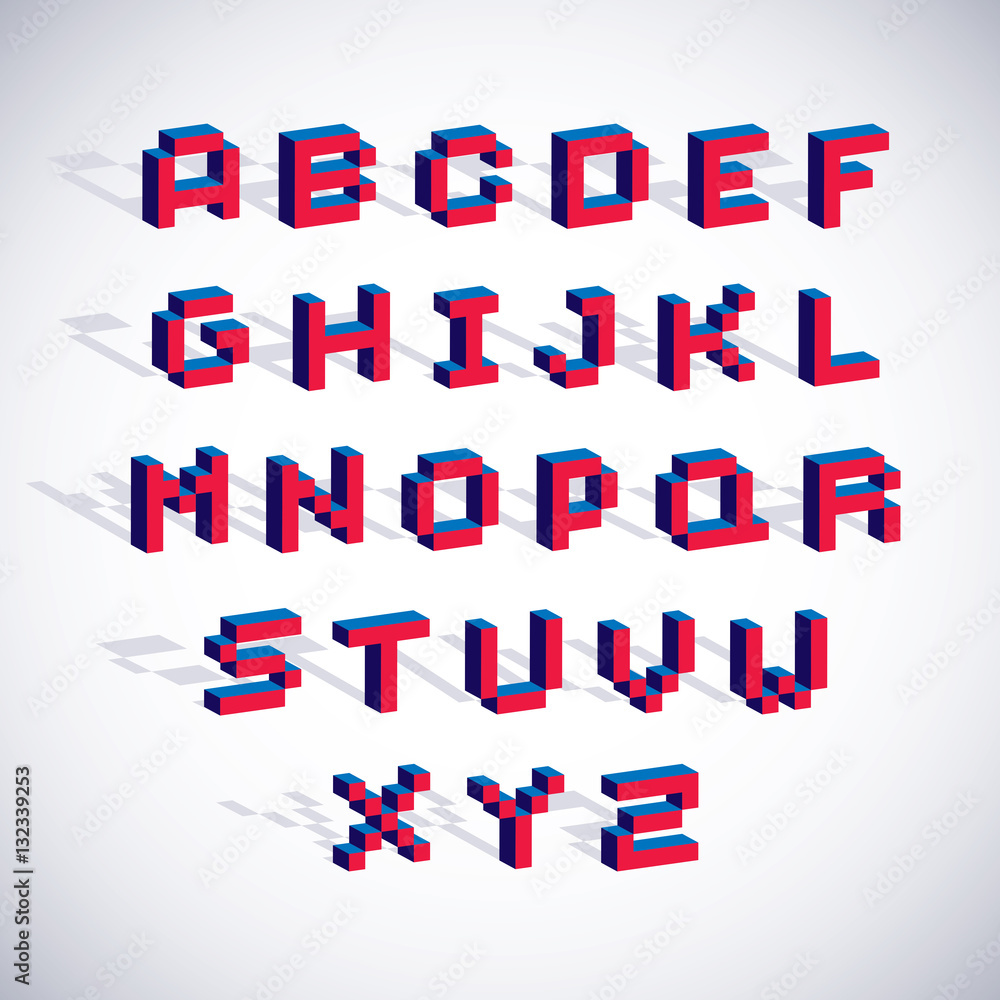 Cybernetic 3d alphabet letters, pixel art vector digital typescr Stock ...