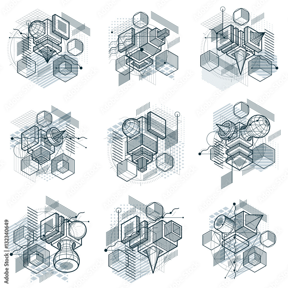 Abstract designs with 3d linear mesh shapes and figures, vector Stock ...