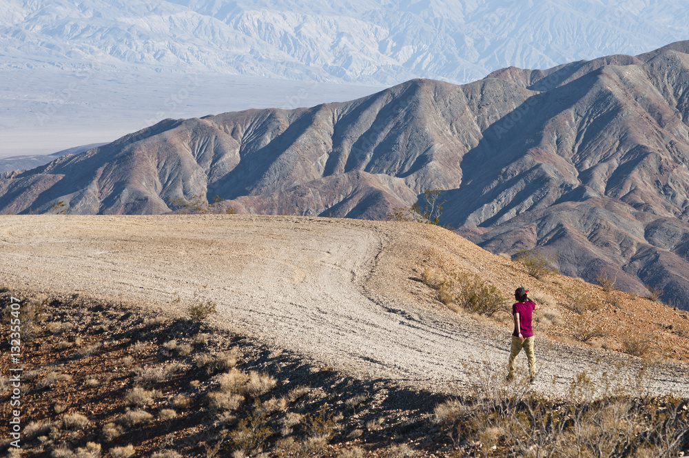 One young man walks alone in the desert through a pathway, staring at ...