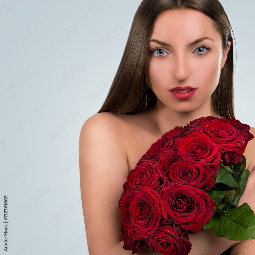 Portrait of a beautiful young woman with a big bouquet of flowers Stock ...