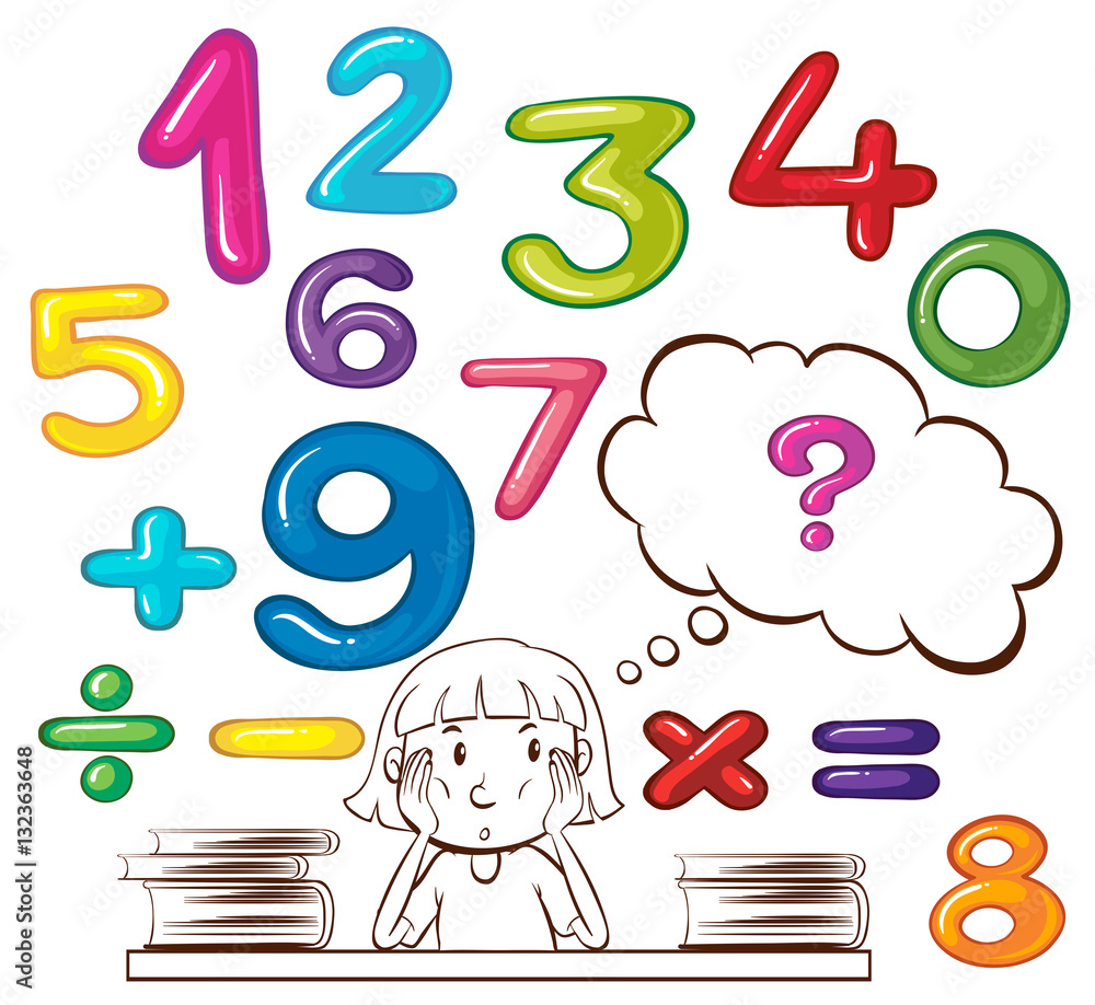 Girl thinking about numbers Stock Vector | Adobe Stock