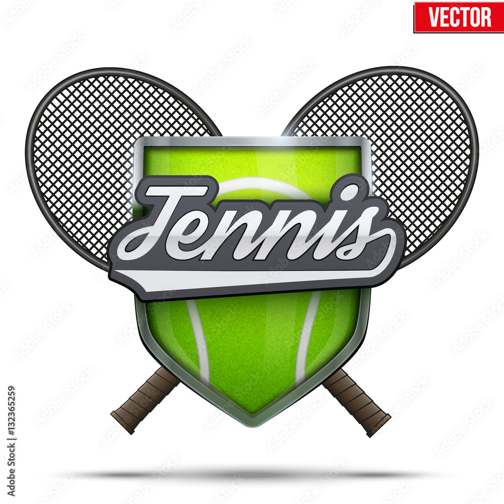 Fencing shield label with shield and ball and raquets. Symbol of sport ...