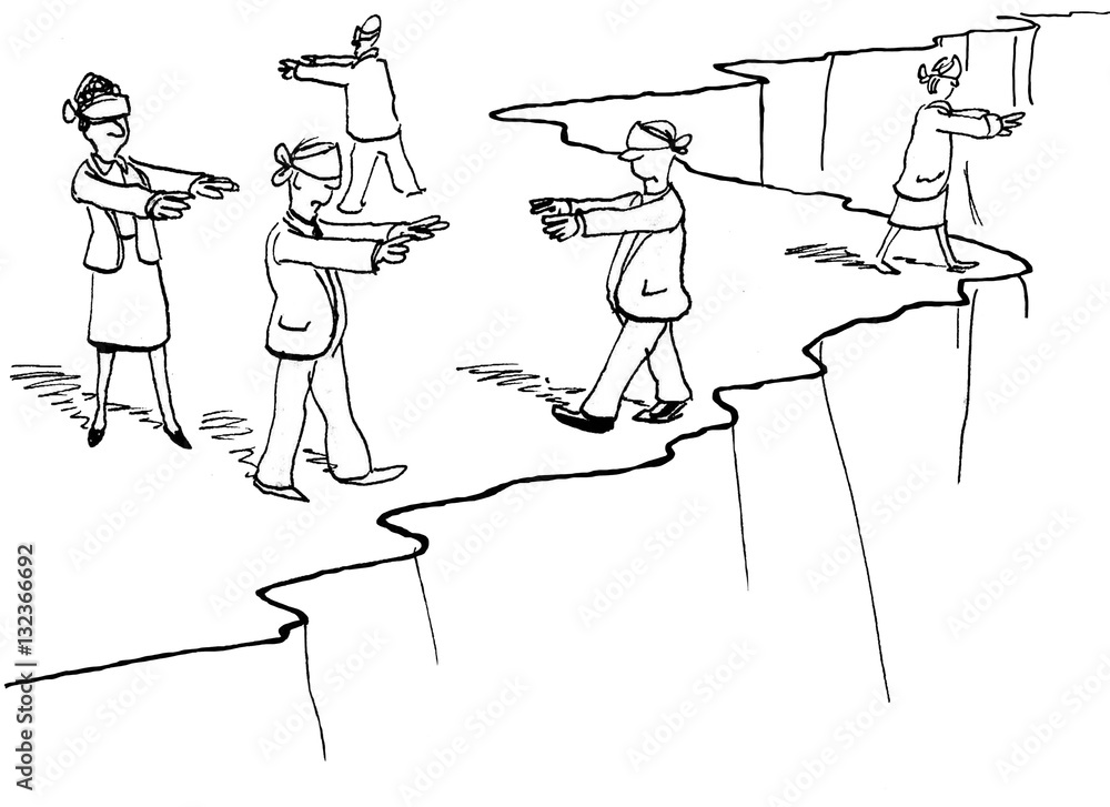 Business illustration showing blindfolded workers walking blindly along ...