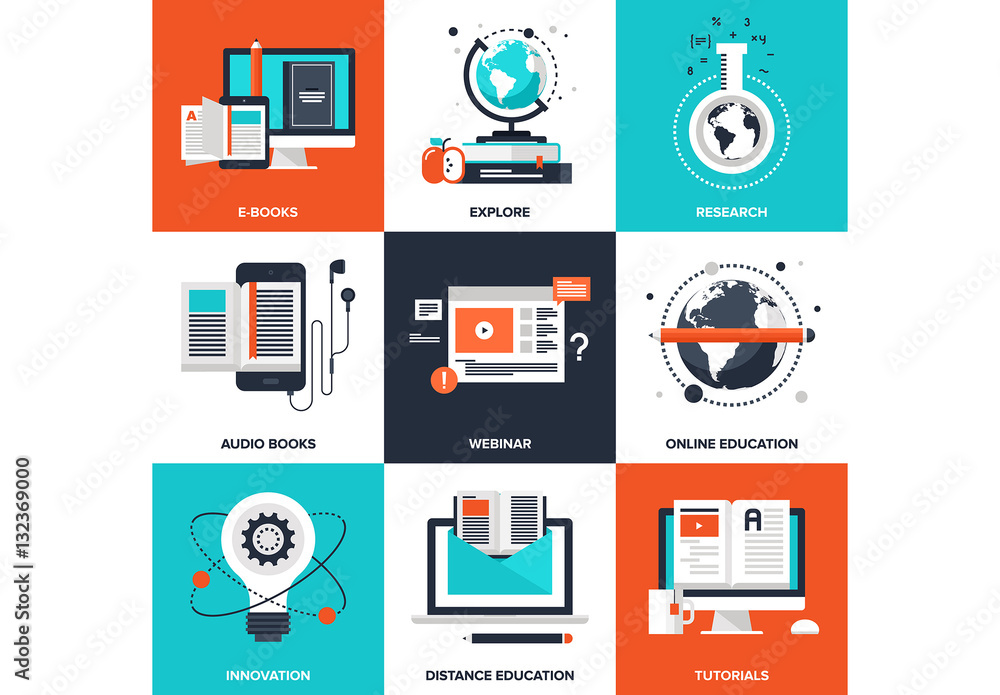 9 Four-Color Square E-Learning Icons Stock Template | Adobe Stock