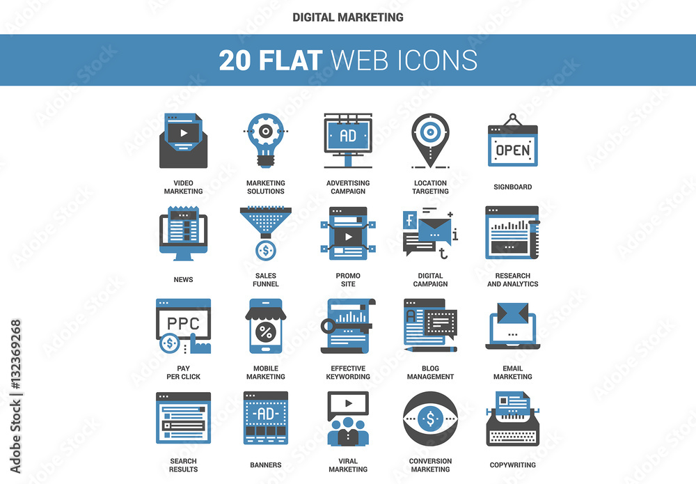 20 Flat Two-Color Digital Marketing Icons Stock Template | Adobe Stock