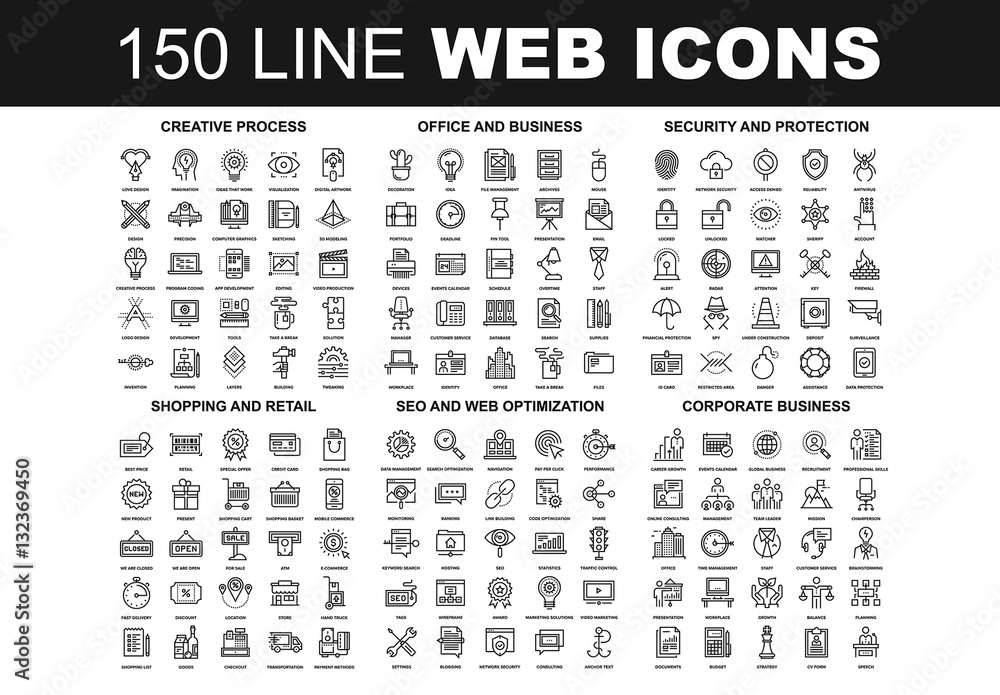 150 Line Art Web Icons 1 Stock Template | Adobe Stock