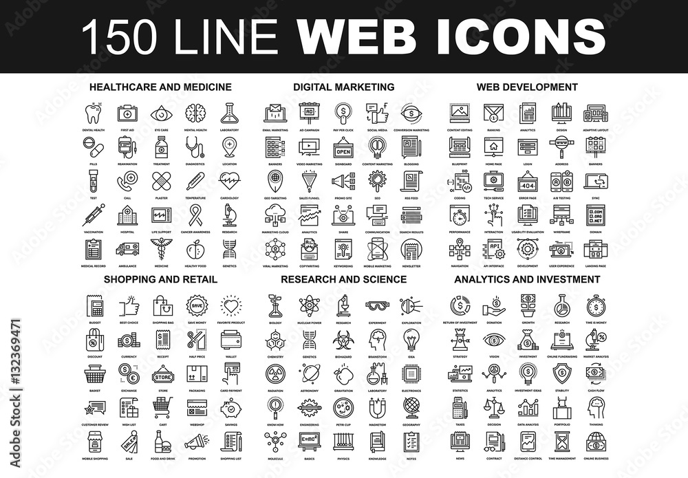 150 Line Art Web Icons 2 Stock Template | Adobe Stock