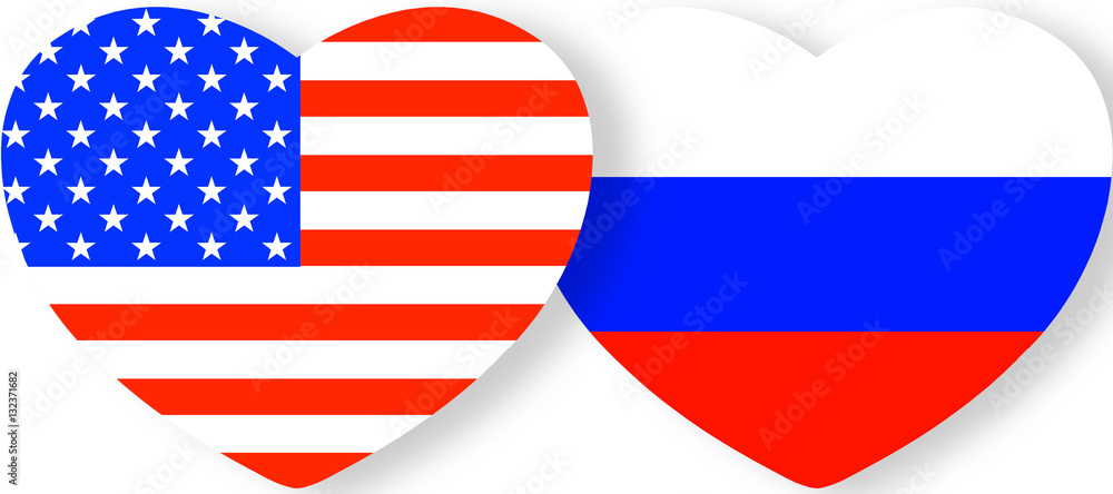 Two hearts on a white background, one with a US flag and the oth Stock ...