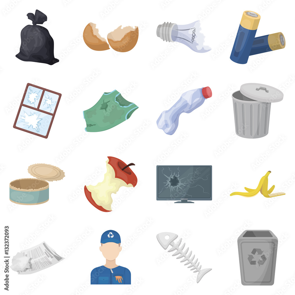 Trash and garbage set icons in cartoon style. Big collection of trash ...